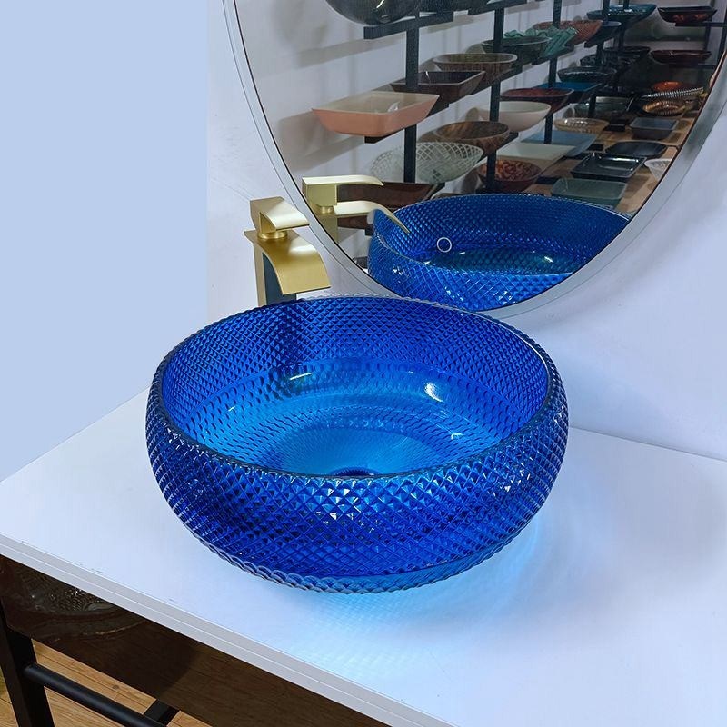 Italian Design Blue Glass Sink Bowl 16.5 Inch Round Glass Above Counter ...