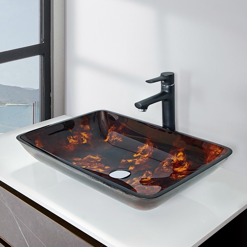 Modern Rectangle Shape Wash Basin Russet Color Black Rectangle Vessel Sink