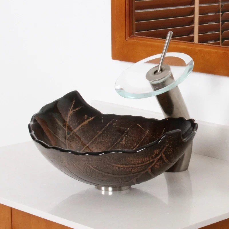 180mm Leaf Shaped Countertop Wash Basin 12mm Thick Brown Hot Melted And ...