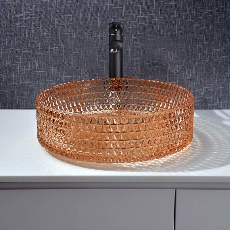 Diamond Round Wash Hand Basin Amber Color Glass Bowl Bathroom Sink